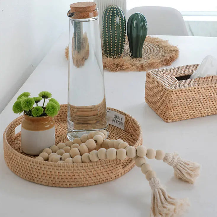 Capri Handwoven Rattan Round Tray-Natural | Premium Home Textiles in