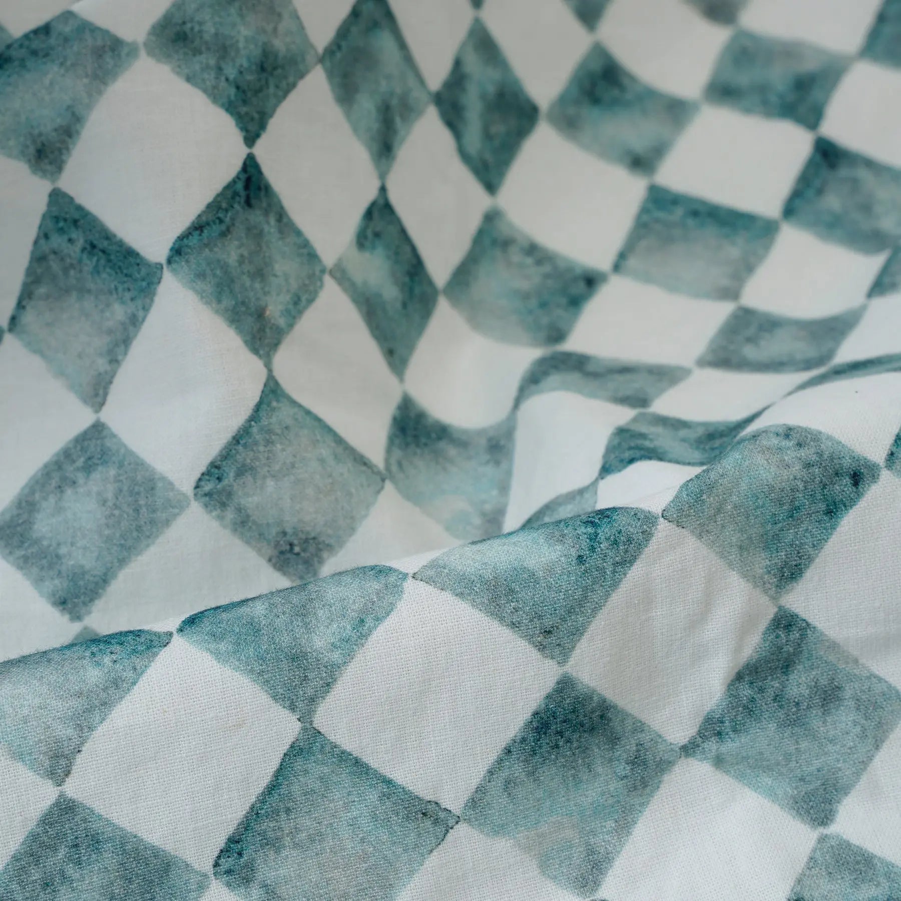 Checker Blue Printed Linen Fabric-Extra 10% Off